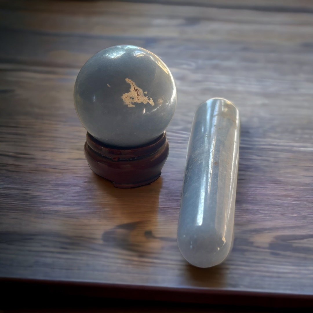 Angelite Sphere and Angelite Wand Set - Etsy