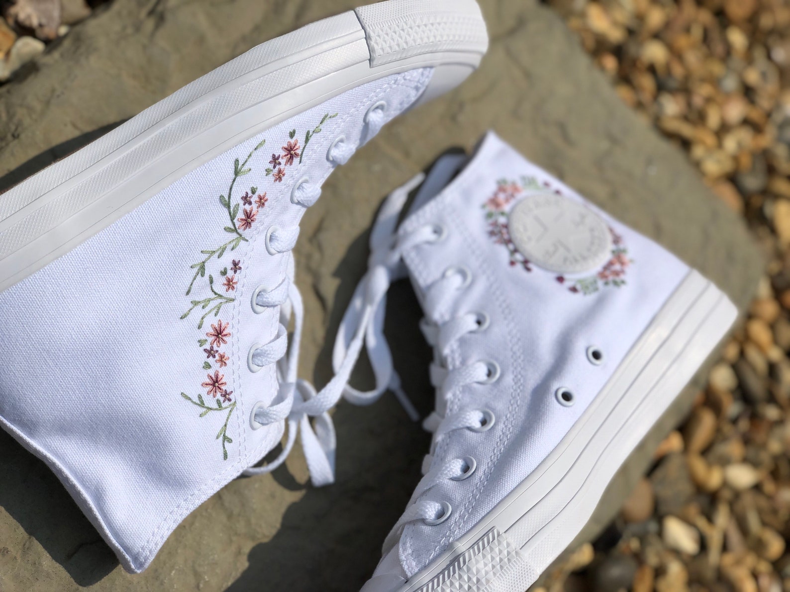 Custom Hand Embroidered Floral White Monotone Converse - Etsy