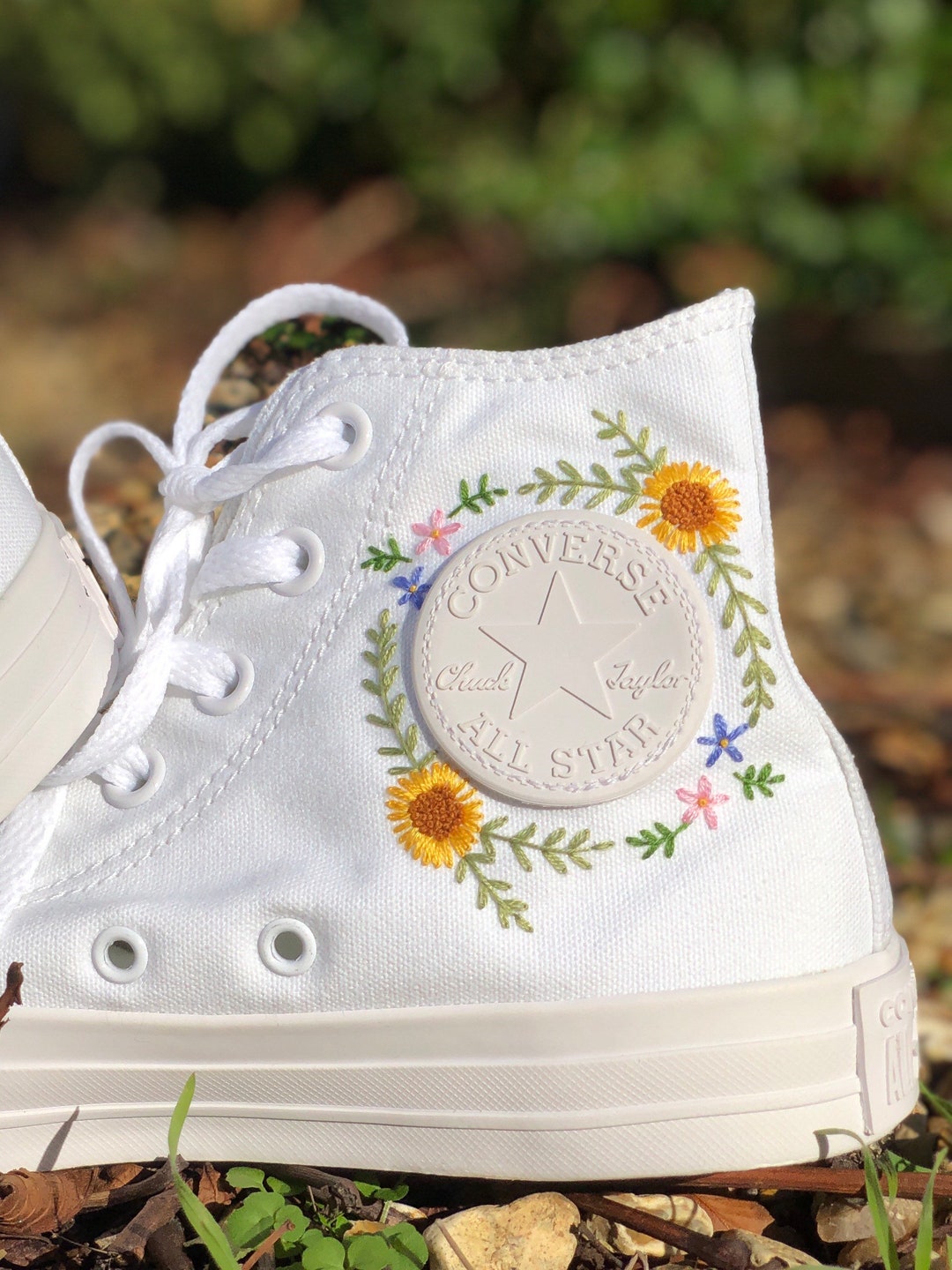 Hand Embroidered White Monotone Converse High Tops - Sunflower Logo - Etsy