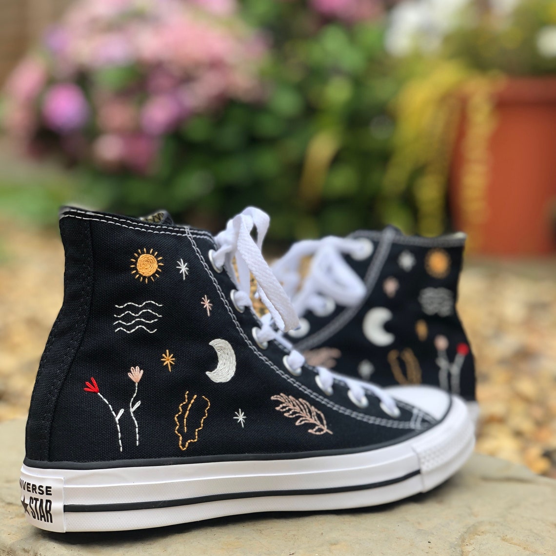 Hand Embroidered High Top Converse Stars, Moon, Waves, Sun - Etsy