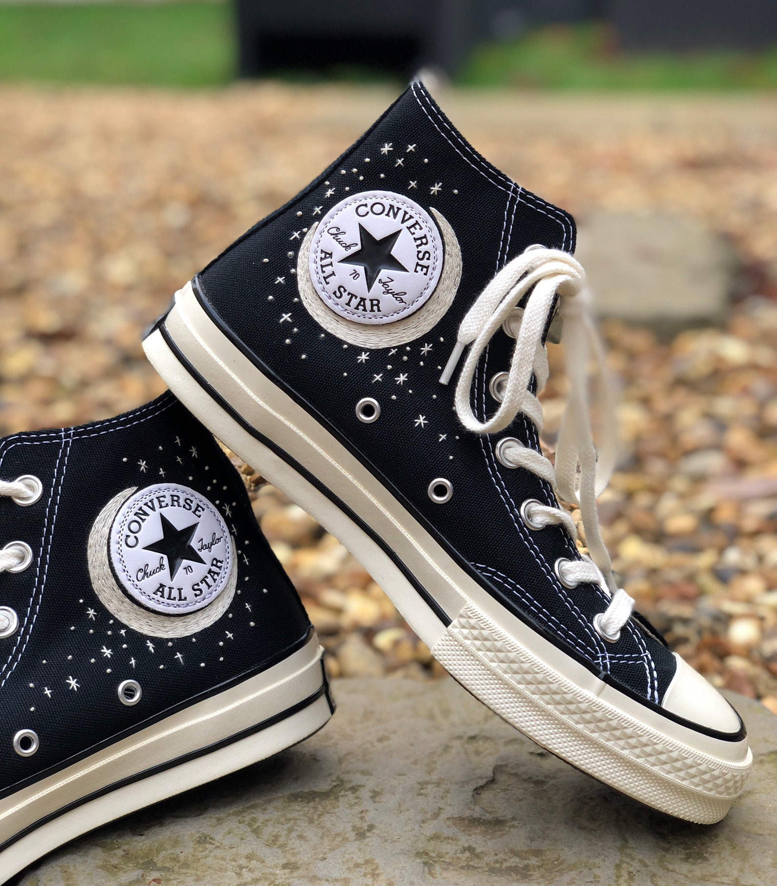 Hand Embroidered Converse Black High Tops - Moon and Stars - Etsy