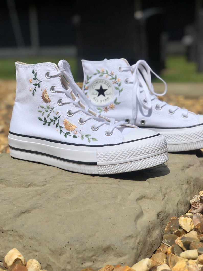 Hand Embroidered Florals and Foliage - Platform Converse High Tops - Etsy