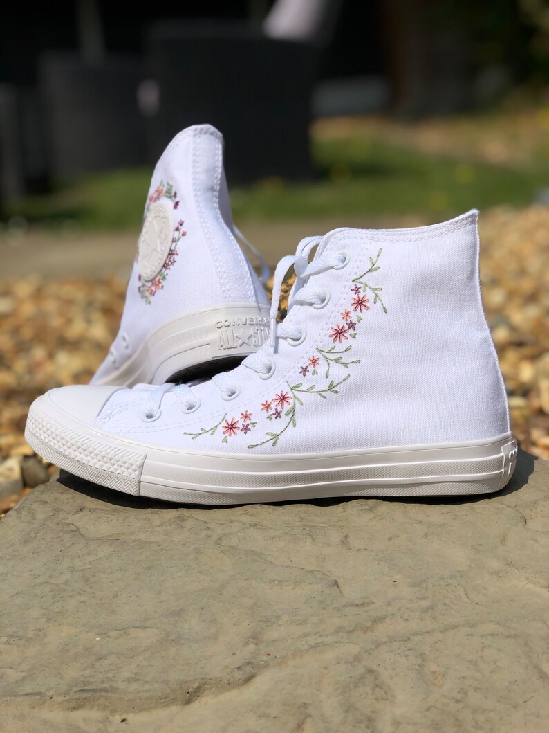 Custom Hand Embroidered Floral White Monotone Converse - Etsy