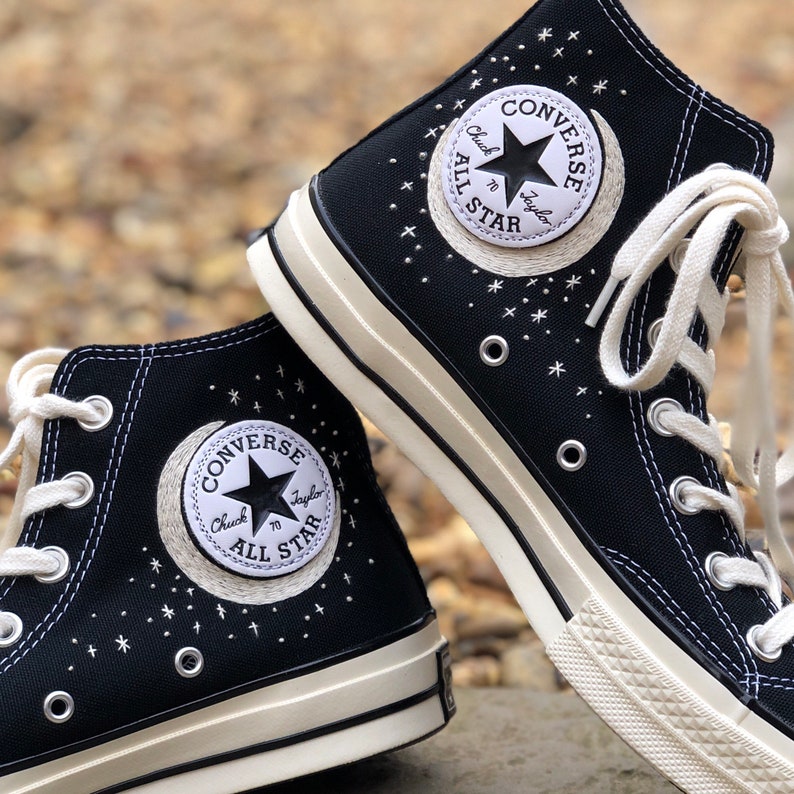 Hand Embroidered Converse Black High Tops Moon and Stars - Etsy