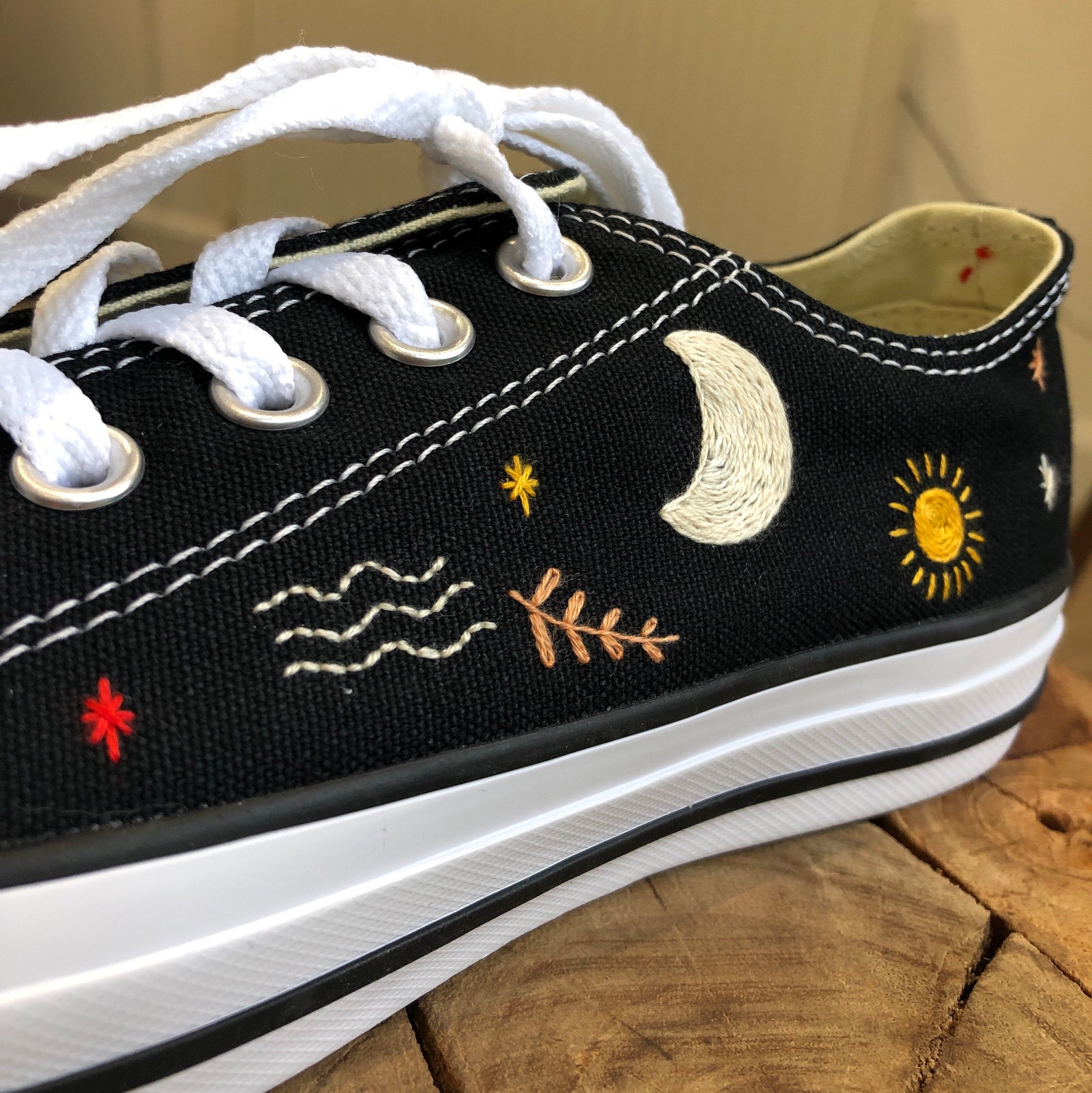 Custom Hand Embroidered Converse Stars Moon Waves Sun - Etsy UK