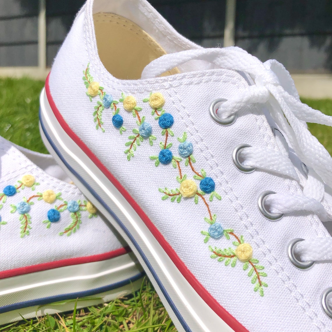 Hand Embroidered Converse - Blue & Yellow Rose Buds - - Etsy