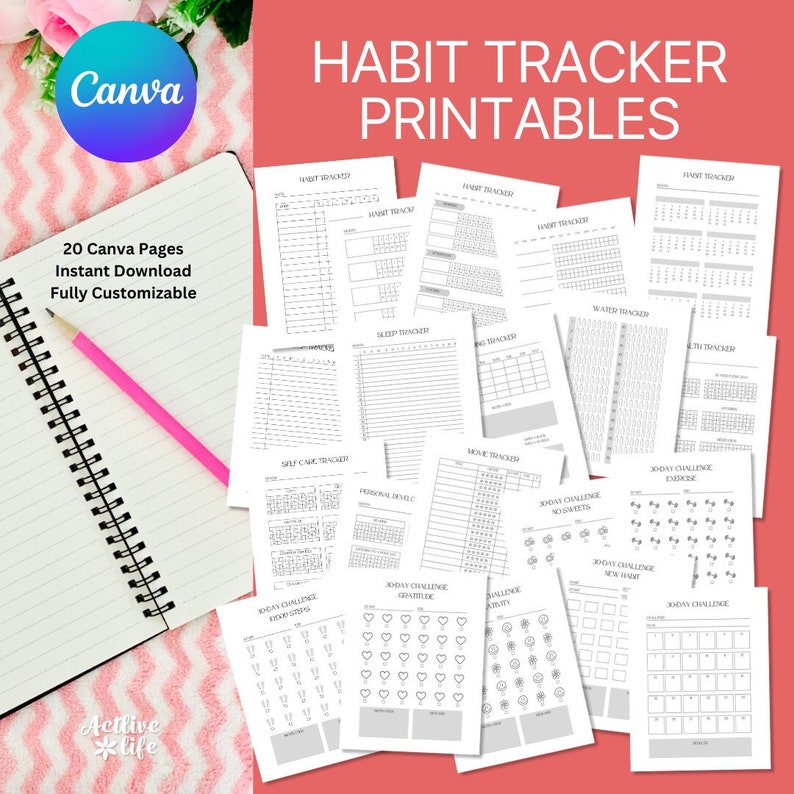 Habit Tracker Planner Canva Template Set, Exercise Goals, Sleep Tracker ...