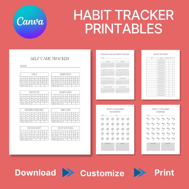 Habit Tracker Planner Canva Template Set, Exercise Goals, Sleep Tracker ...