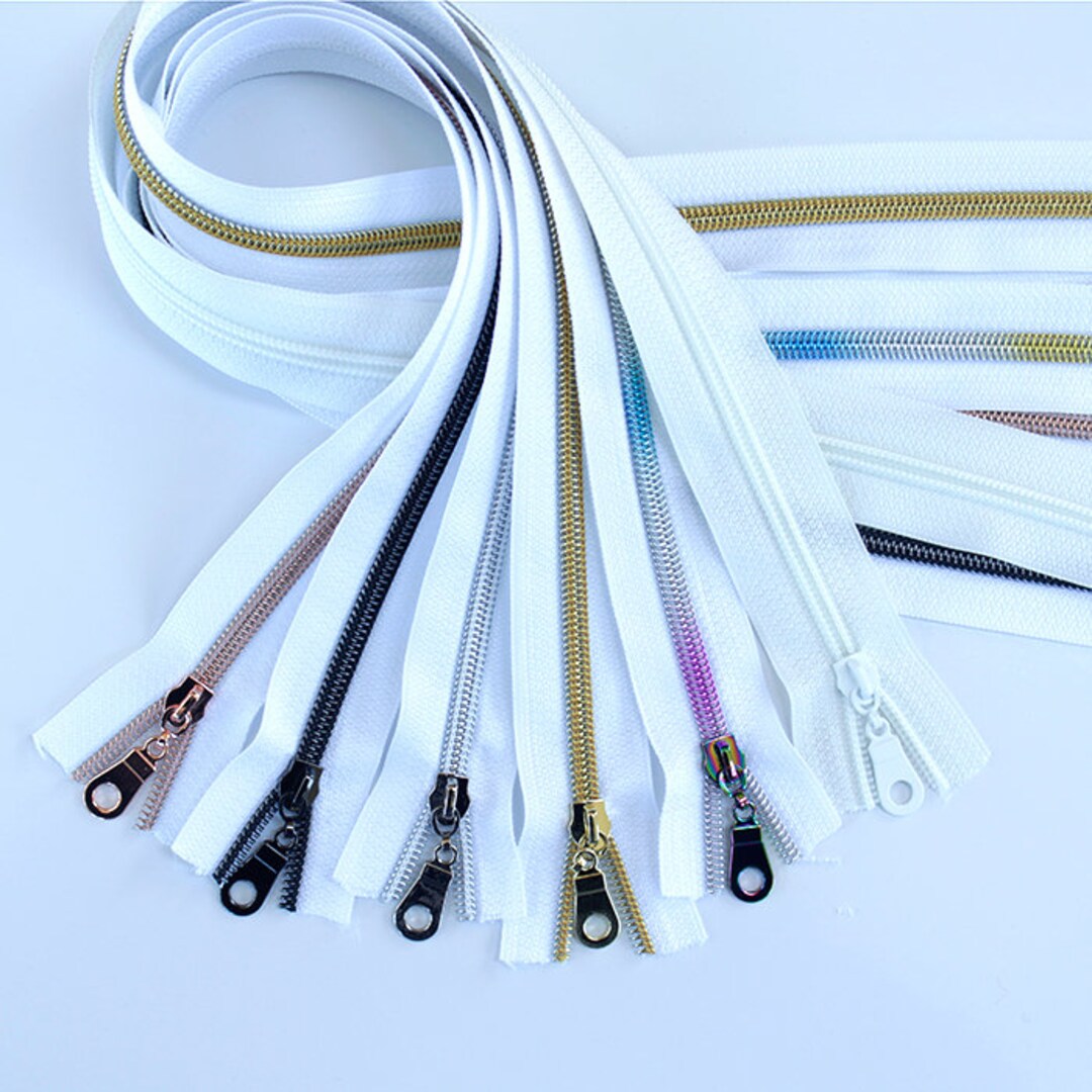 Size #5 White Zippers Sampler, 6 Yards of #5 Nylon Zipper Tape With 18 ...