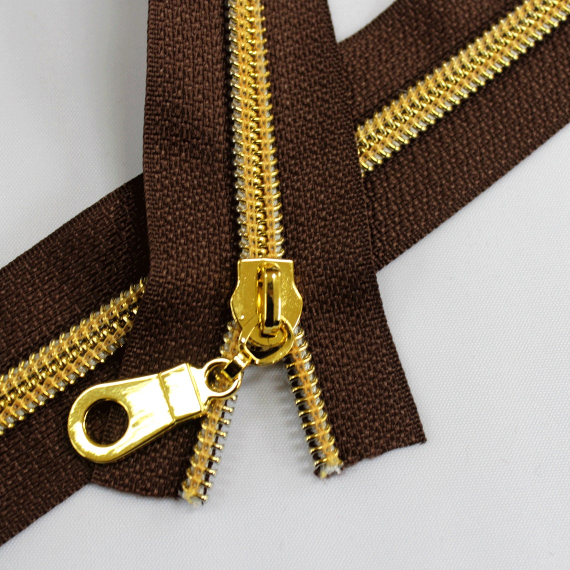 Size 5 Chocolate Brown Zipper with Gold Coil 5 yards & 15 Regular Donut ...