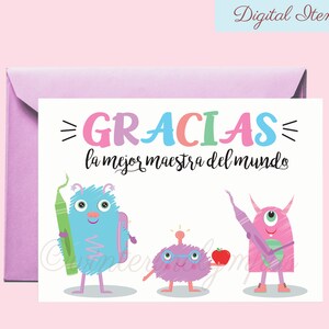 Spanish Teacher Thank You Card Printable With Little Monsters, Instant ...