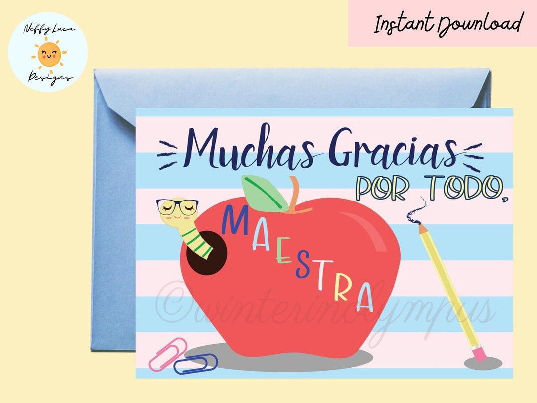 Spanish Teacher Thank You Card Printable With Apple, Instant Download ...