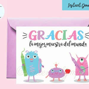 Spanish Teacher Thank You Card Printable With Little Monsters, Instant ...