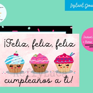 Spanish Birthday Card Printable With Cute Cupcakes, Tarjeta De Cumple ...