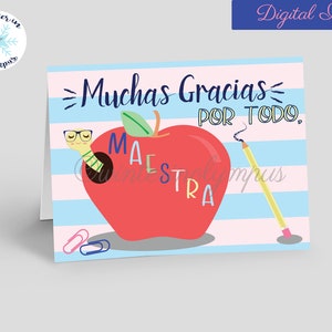 Spanish Teacher Thank You Card Printable With Apple, Instant Download ...