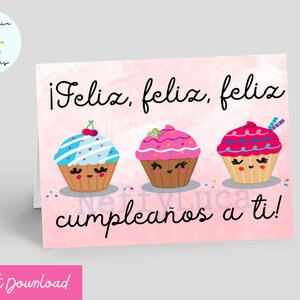 Spanish Birthday Card Printable With Cute Cupcakes, Tarjeta De Cumple ...