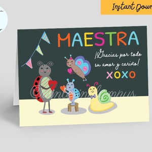 Spanish Teacher Thank You Gracias Maestra Card Printable With Cute Bugs ...