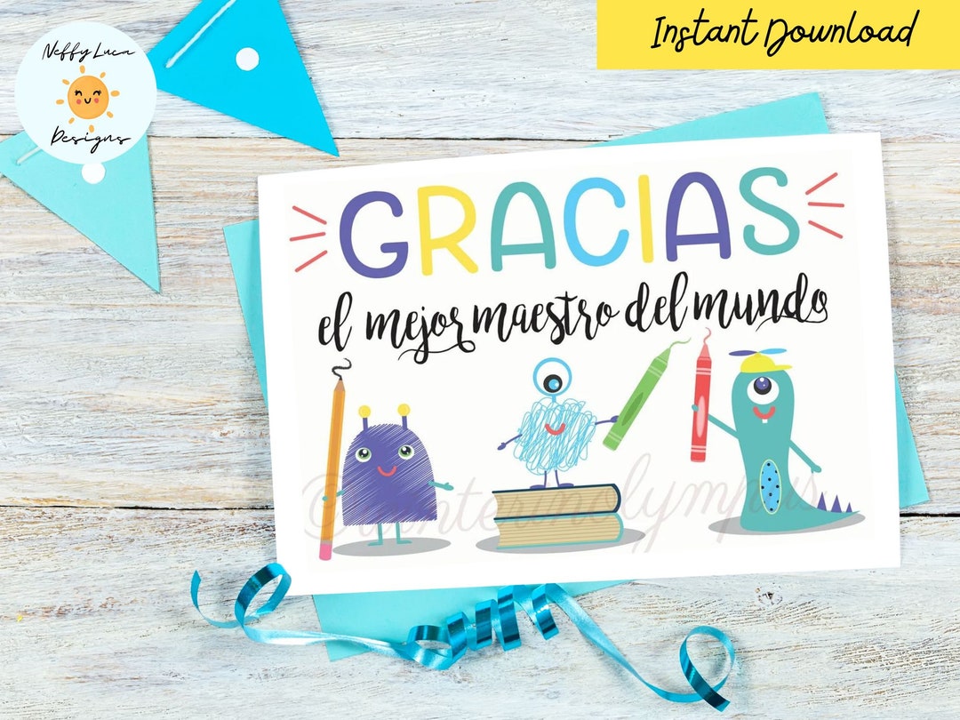 Spanish Teacher Thank You Card Printable With Little Monsters, Instant ...