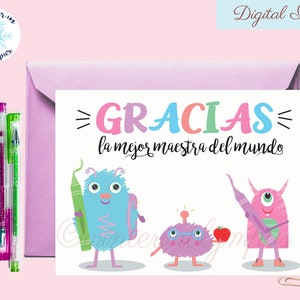 Spanish Teacher Thank You Card Printable With Little Monsters, Instant ...