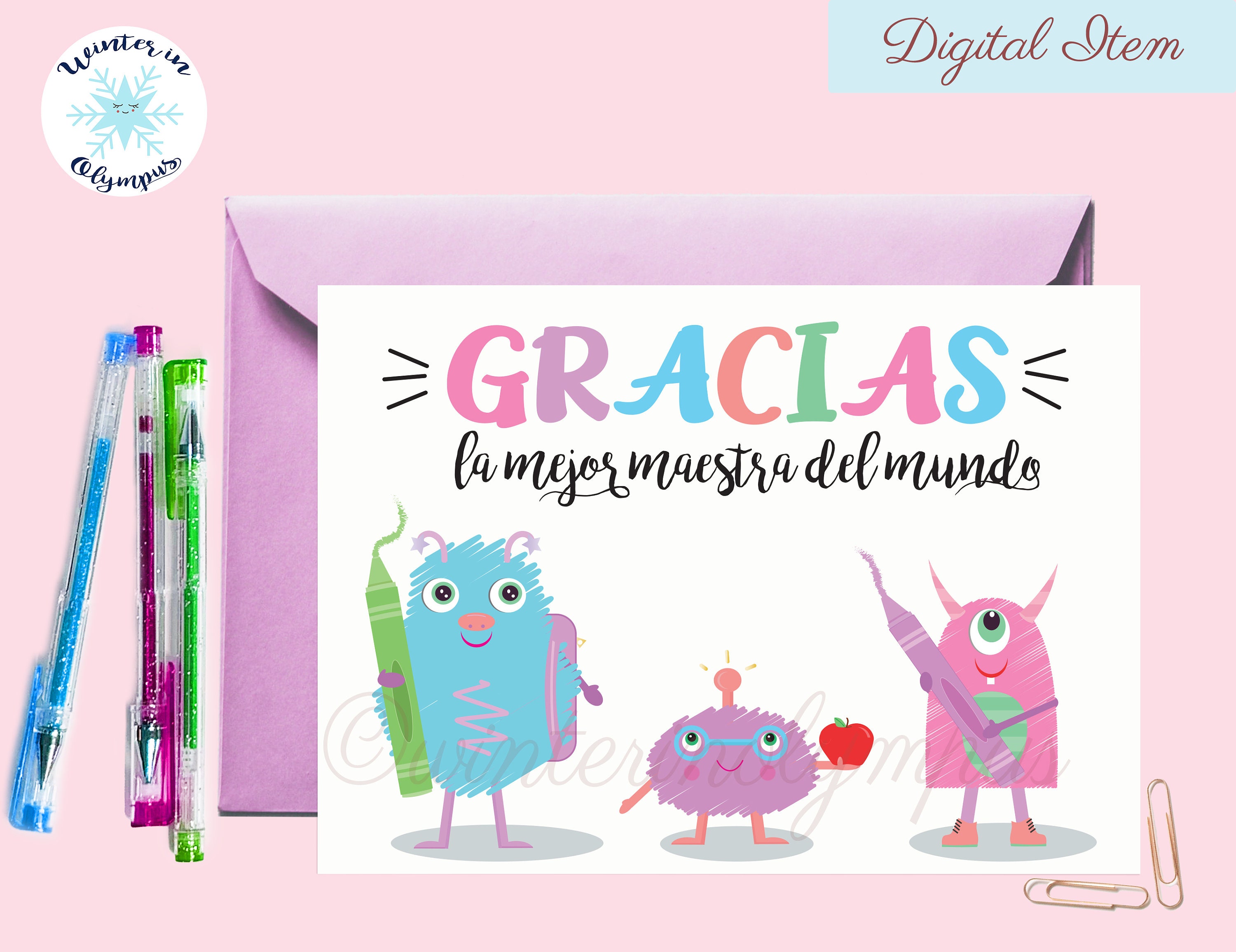 Spanish Teacher Thank You Card Printable With Little Monsters, Instant ...