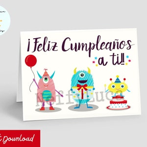 Spanish Birthday Card Printable With Monsters, Tarjeta De Cumpleaños ...