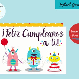 Spanish Birthday Card Printable With Monsters, Tarjeta De Cumpleaños ...