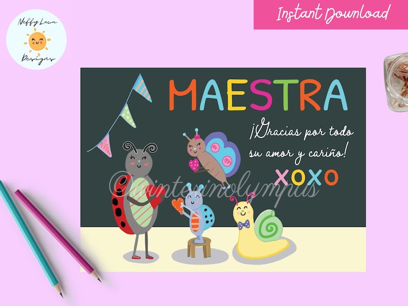 Spanish Teacher Thank You Gracias Maestra Card Printable With Cute Bugs ...