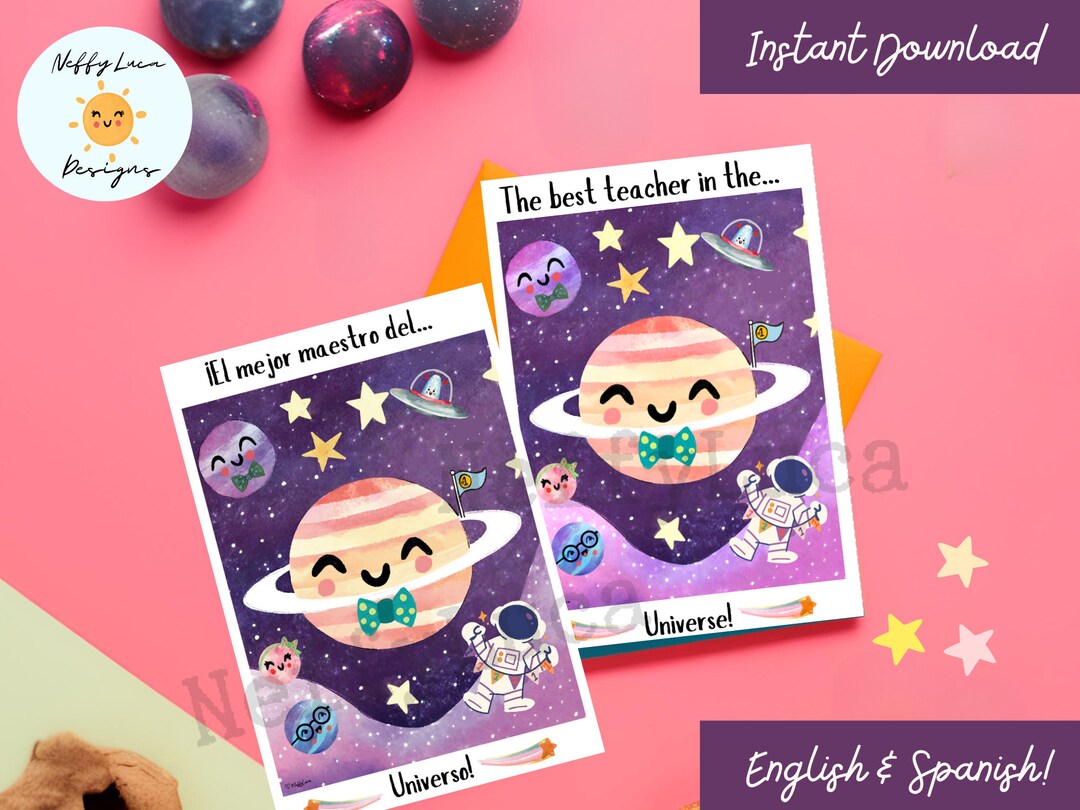 Bilingual Teacher Thank You Card: Spanish English Space Design ...