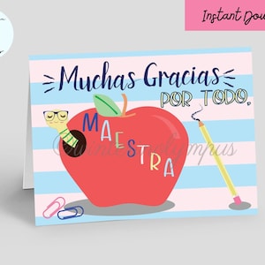 Spanish Teacher Thank You Card Printable With Apple, Instant Download ...