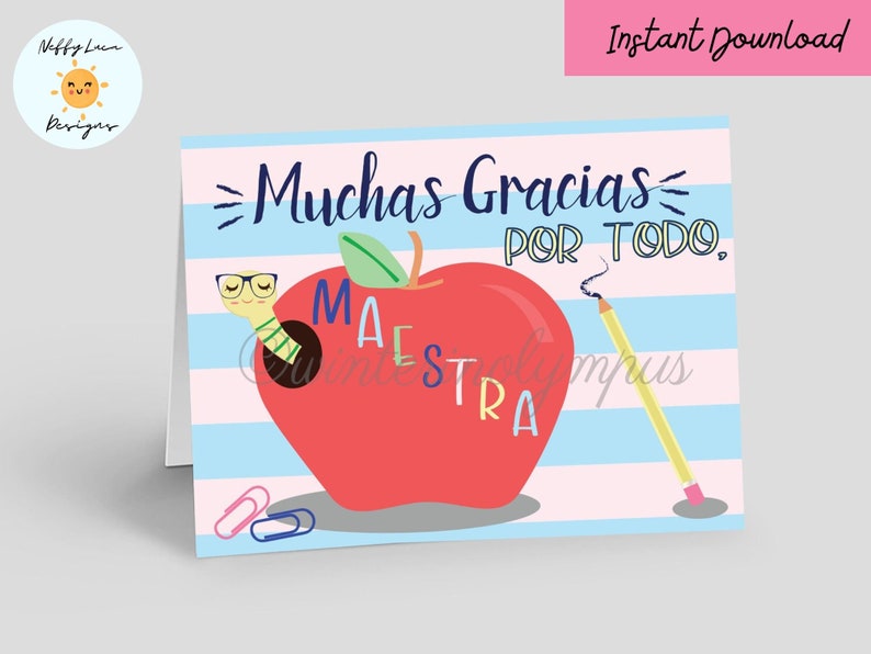 Spanish Teacher Thank You Card Printable With Apple, Instant Download ...