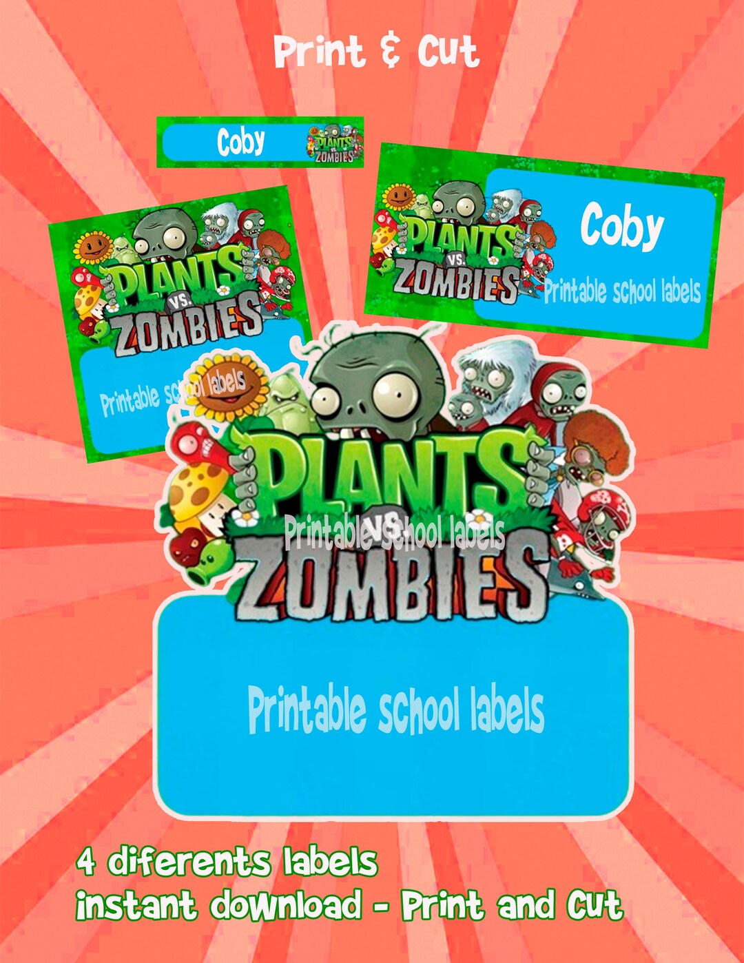 Plants Vs Zombies School Labels: Printable Name Tags (digital Instant ...