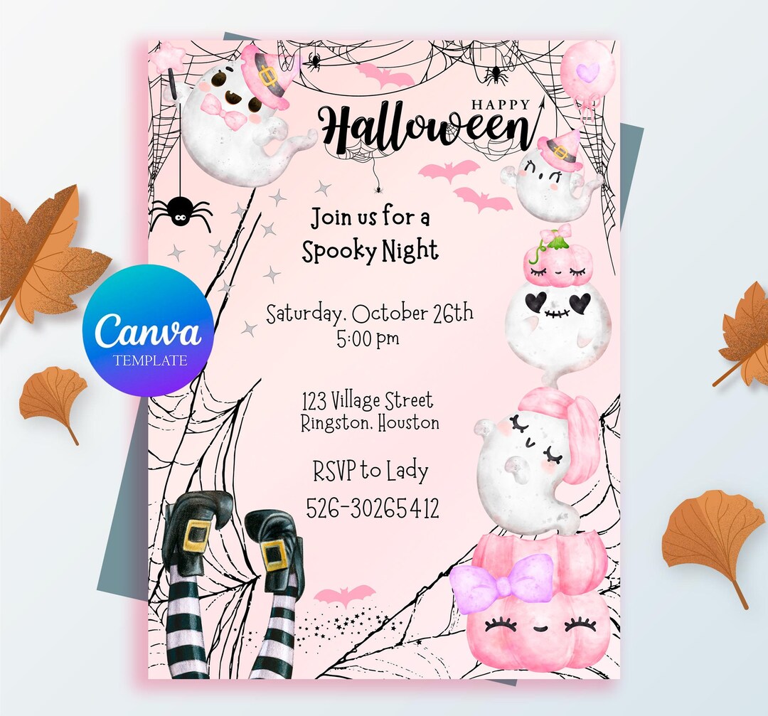 Editable Pink Halloween Invitation, Ghosts Birthday Party, Digital ...