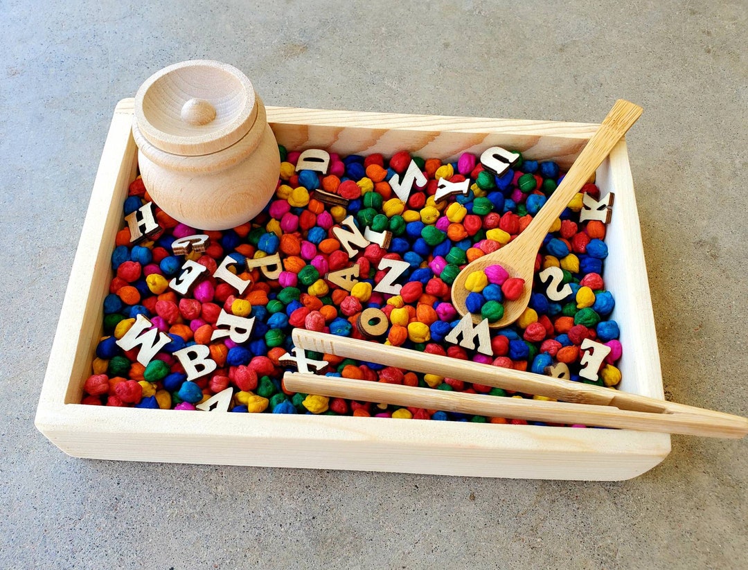 Alphabet Sensory Bin W/ Rainbow Chickpeas for Letter Recognition ...