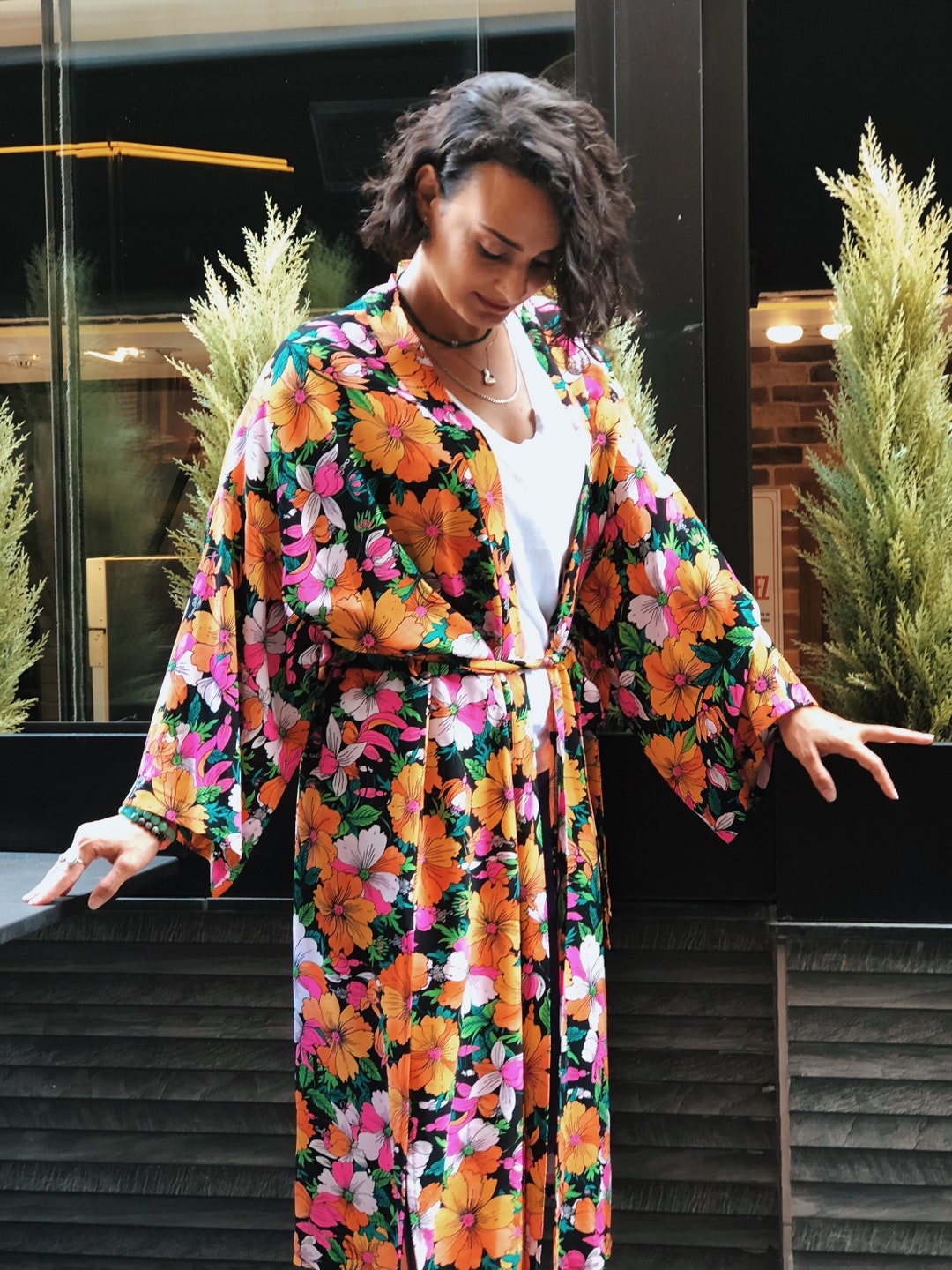 Japanese Style Kimono Robe With Belt, Plus Size Wrap Housecoat, Turkish ...