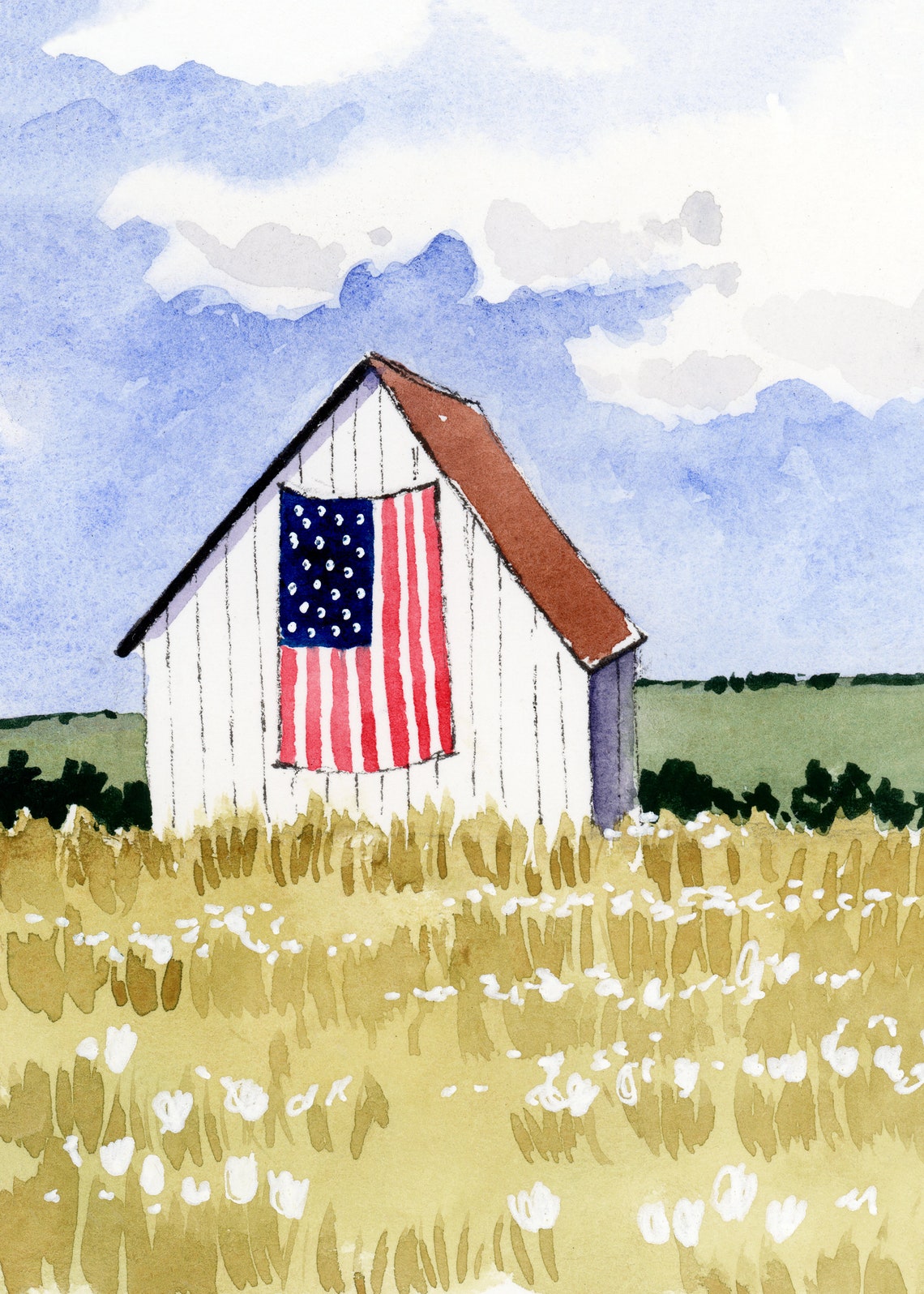 American Barn Print: Patriotic Watercolor Painting - Etsy