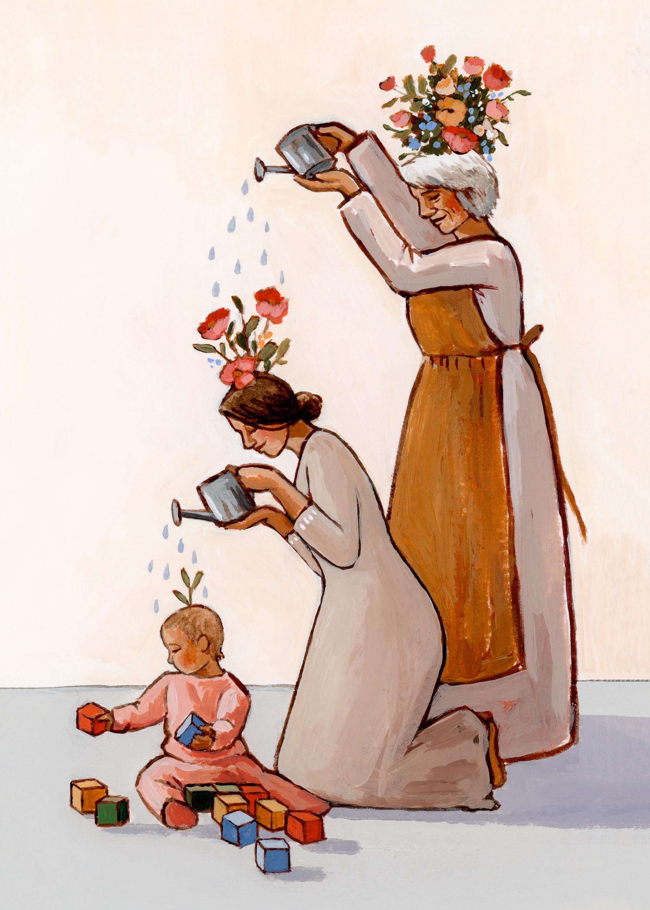 Motherhood Art Print: Three Generations Nurturing Growth, Nursery Wall ...