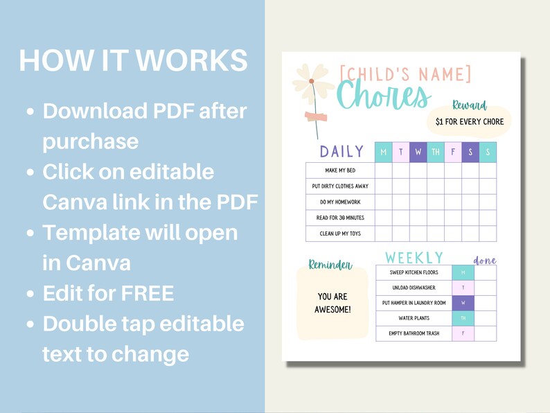 Chore Chart for Kids Printable Daily Weekly Chore Chart Customizable ...