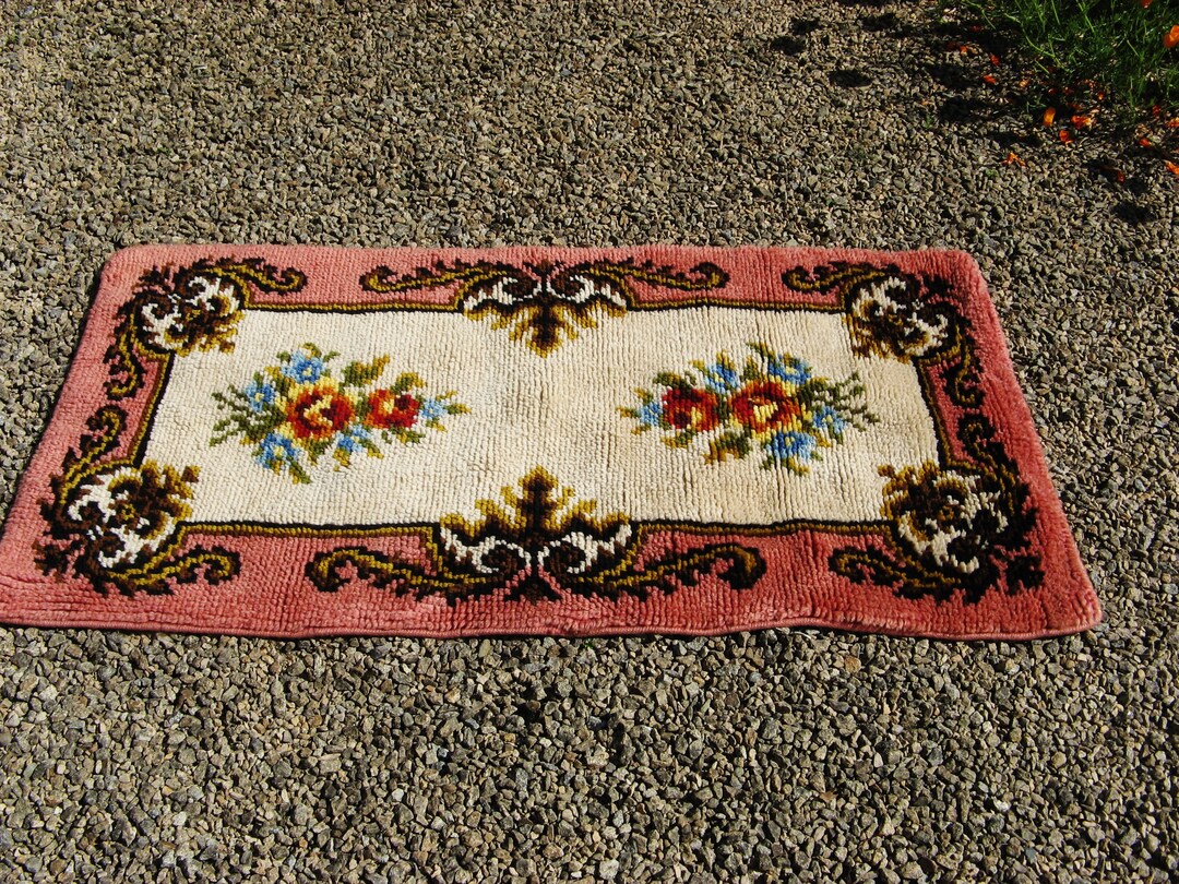 A Vintage French Rectangular Floral Hand Hooked Wool Rug - Etsy