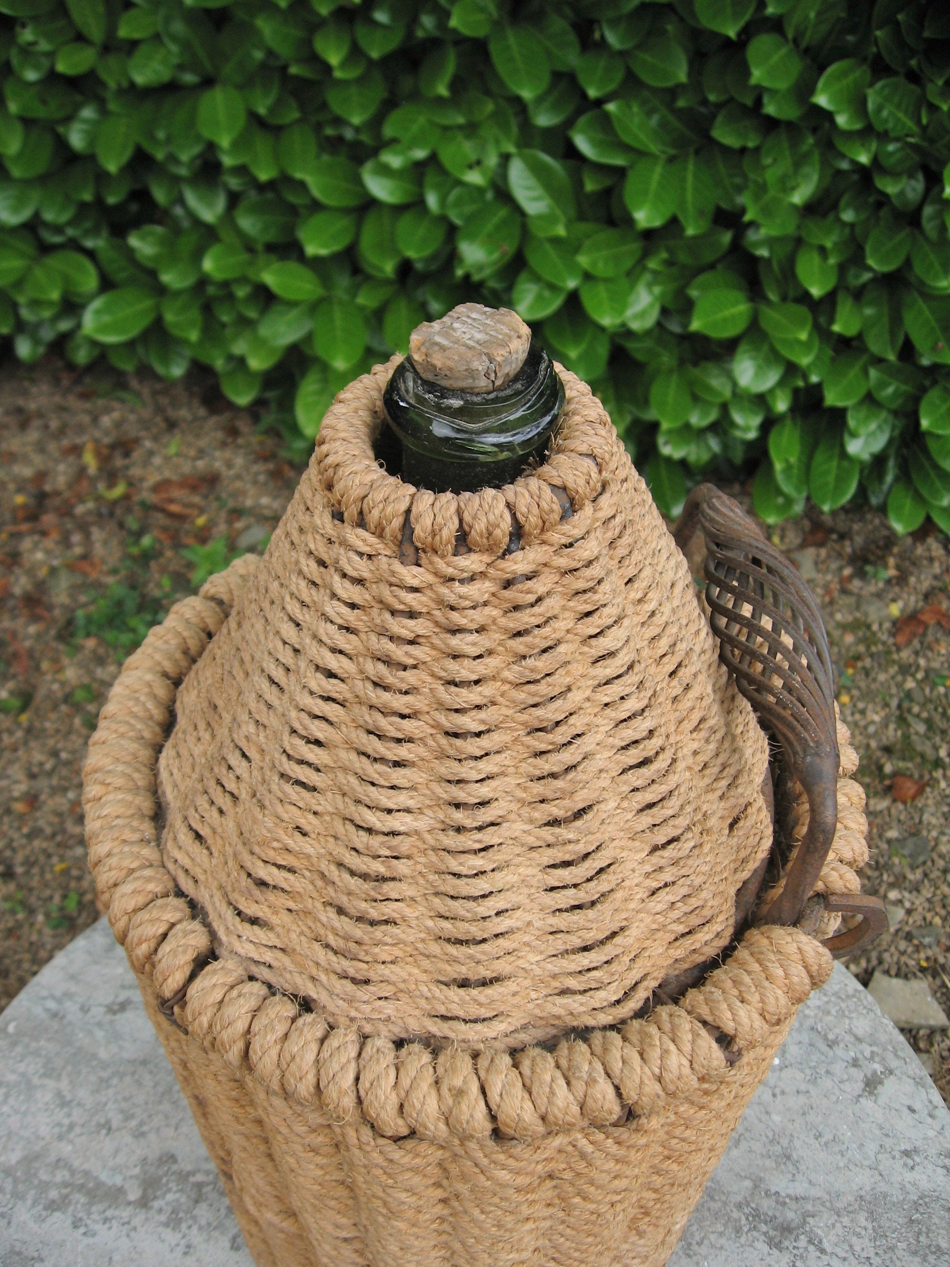 A Very Rare Old French Rope Covered Green Glass Bonbonne Bottle ...