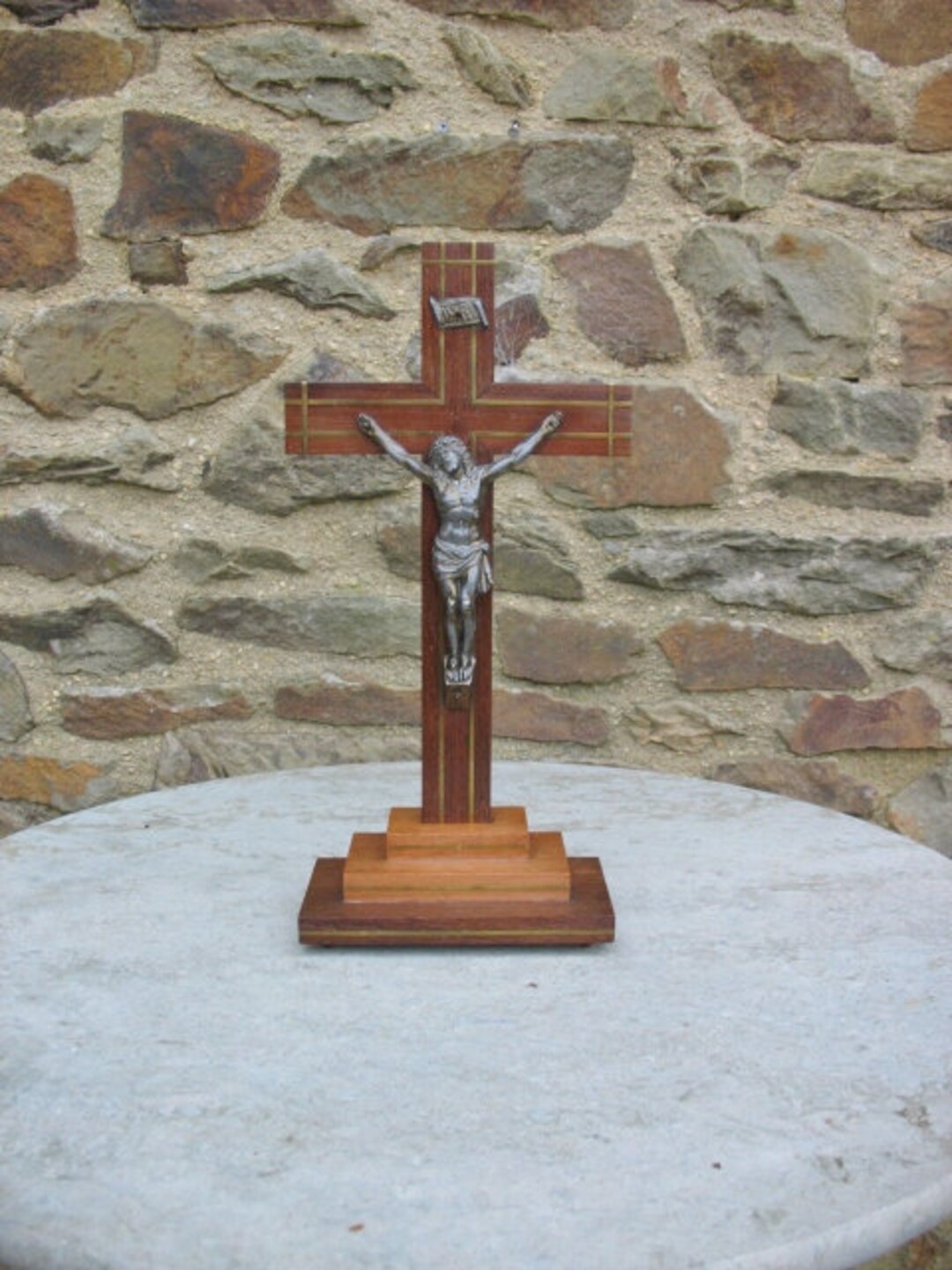 A Very Nice Vintage French Rosewood and Brass Inlaid Crucifix Cross ...