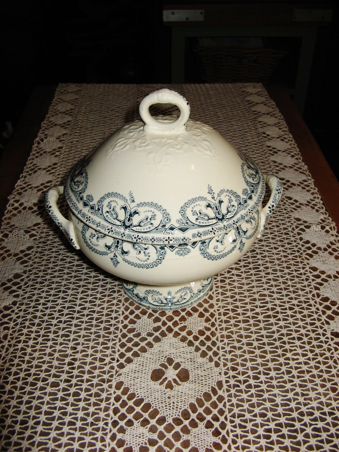 Beautiful Antique French Blue & White Ter De Fer / Ironstone Footed ...