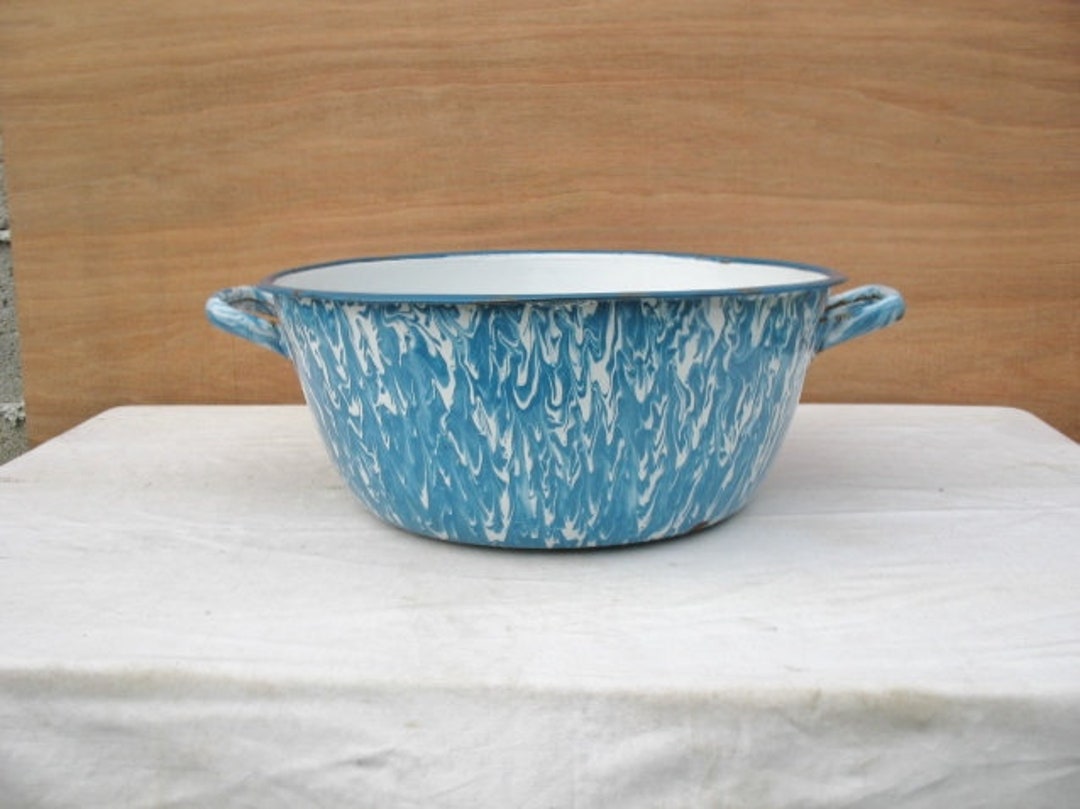 A Really Good Vintage French Enamel Wash Bowl / Toilet Bowl With Blue ...
