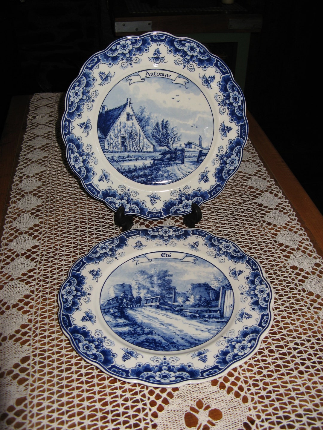 A Beautiful Pair of Vintage Blue White Delft Transfer Ware Wall Plates ...