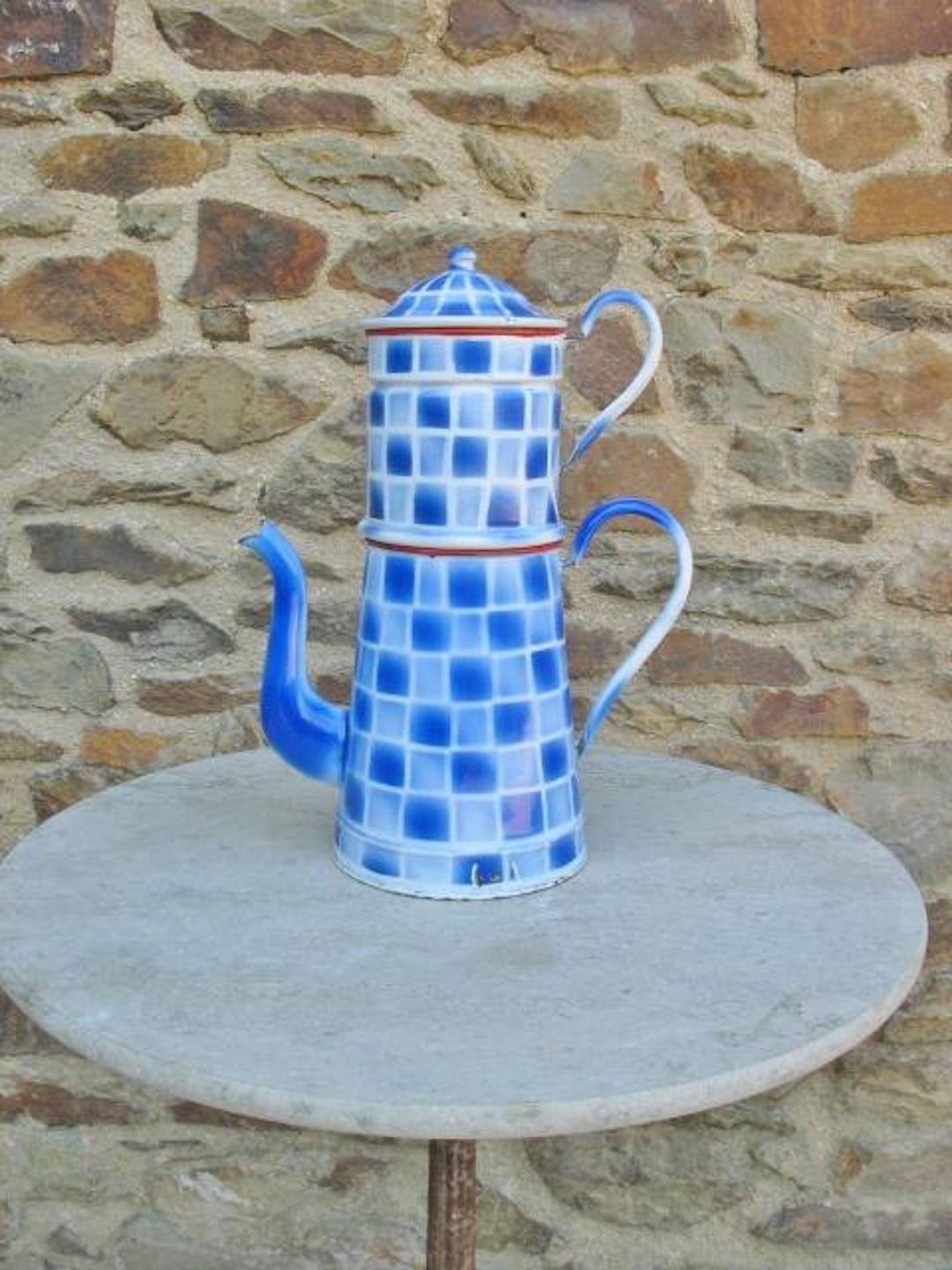 Vintage French Large Enamel Cafetiere / Coffee Pot in Blue and White ...