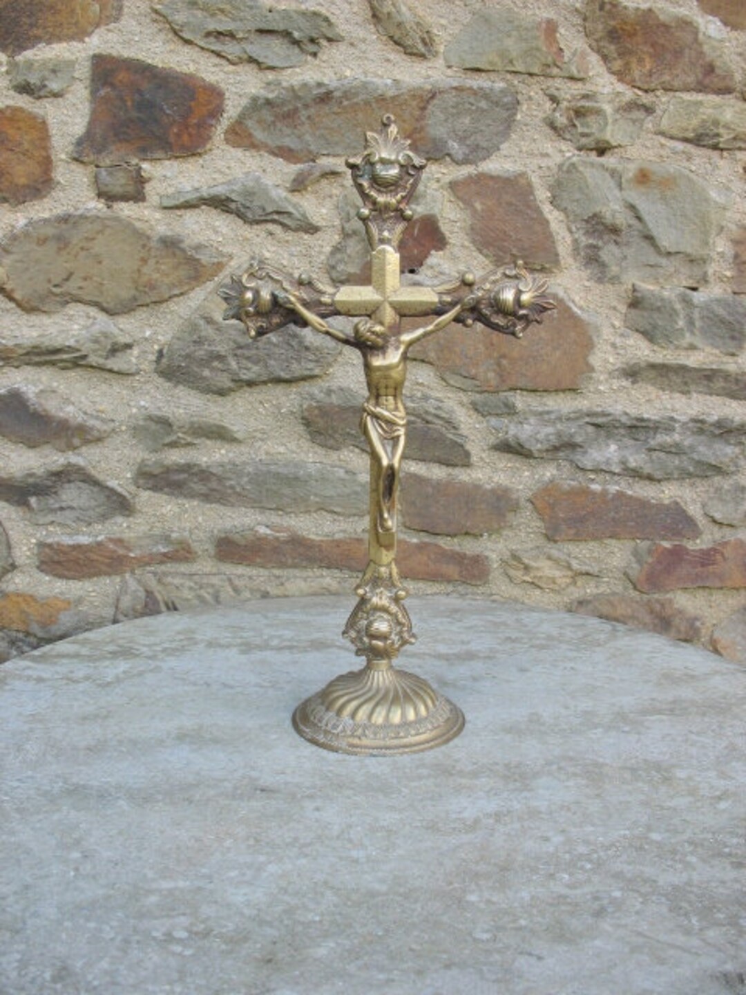 A Very Nice Vintage French Standing Brass Crucifix Cross With Figure of ...