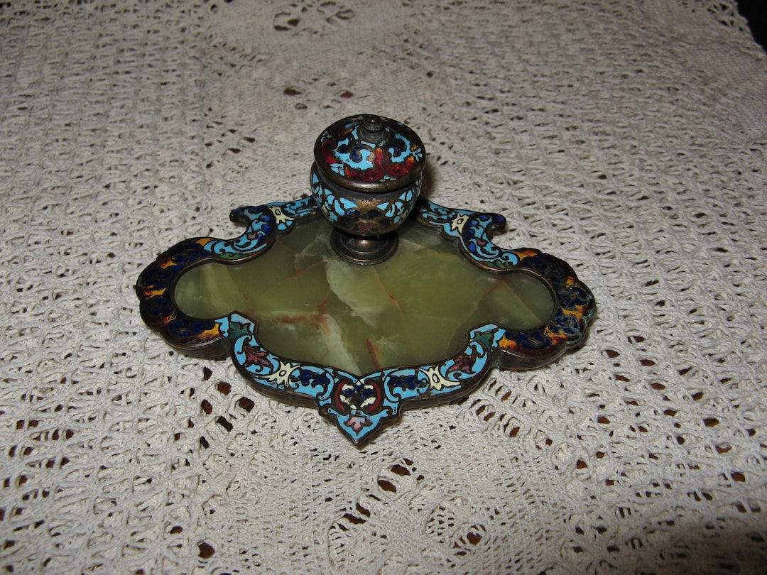 A Beautiful Antique French Champleve Enamel & Onyx Inkwell ~ 19th ...