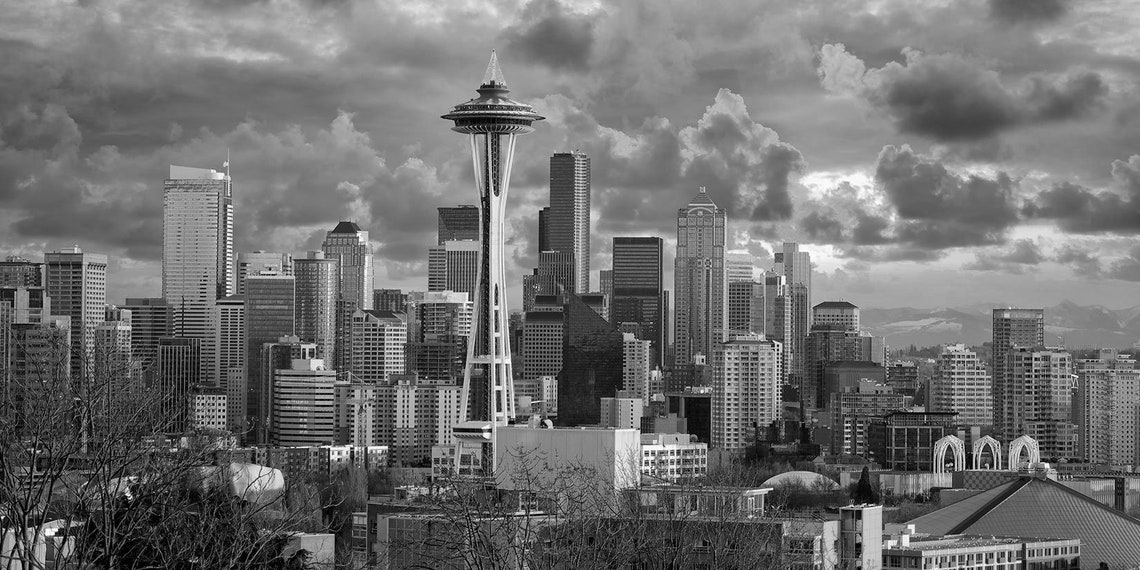 Black and White Seattle Skyline Panorama at Sunset as Seen | Etsy