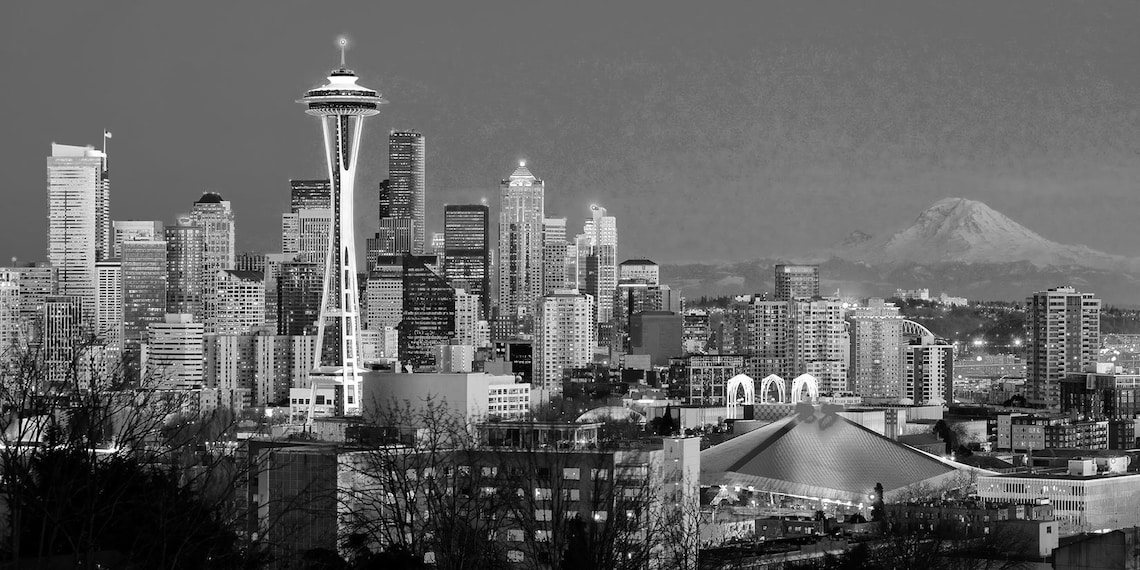 Black and White Seattle Skyline Panorama at Sunset as Seen - Etsy