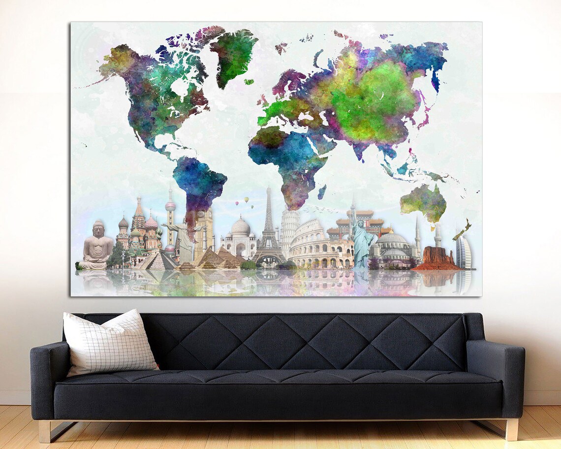 Watercolor World Map Canvas Print, Landmarks, Home Decor - Etsy
