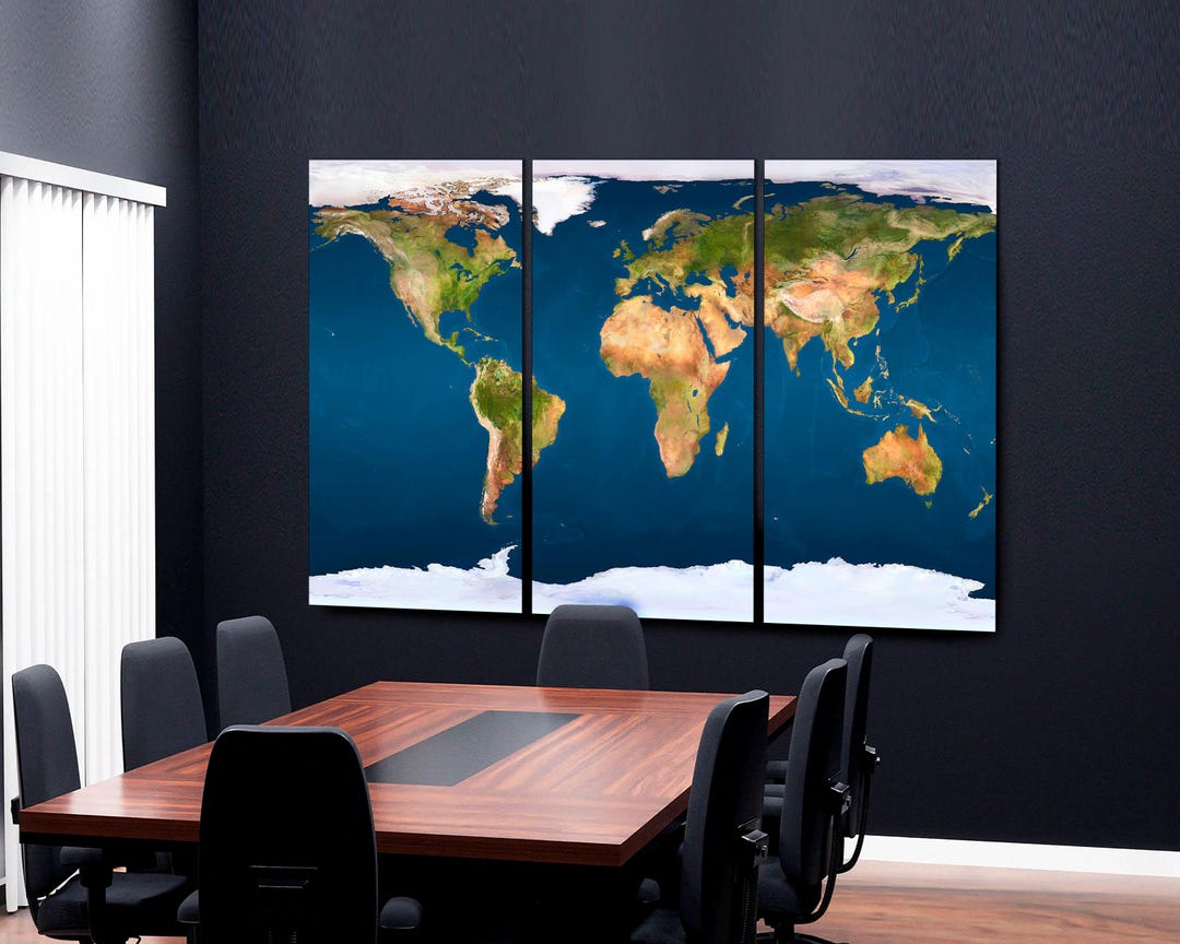 3-panel Split World Map Canvas Print, the World Satellite Map Wall ...